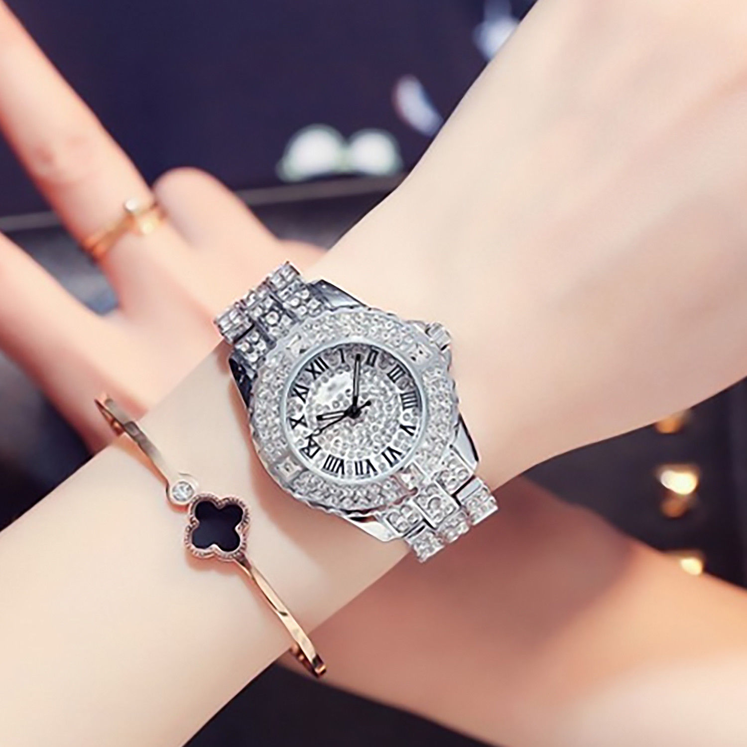 Women Stainless Steel Crystal Rhinestone Dress Watches Quartz ...